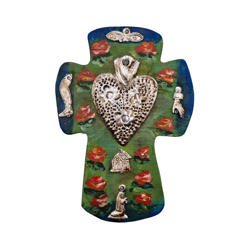 Sacred heart Milagro cross - Mexican religious decor - Casa Frida