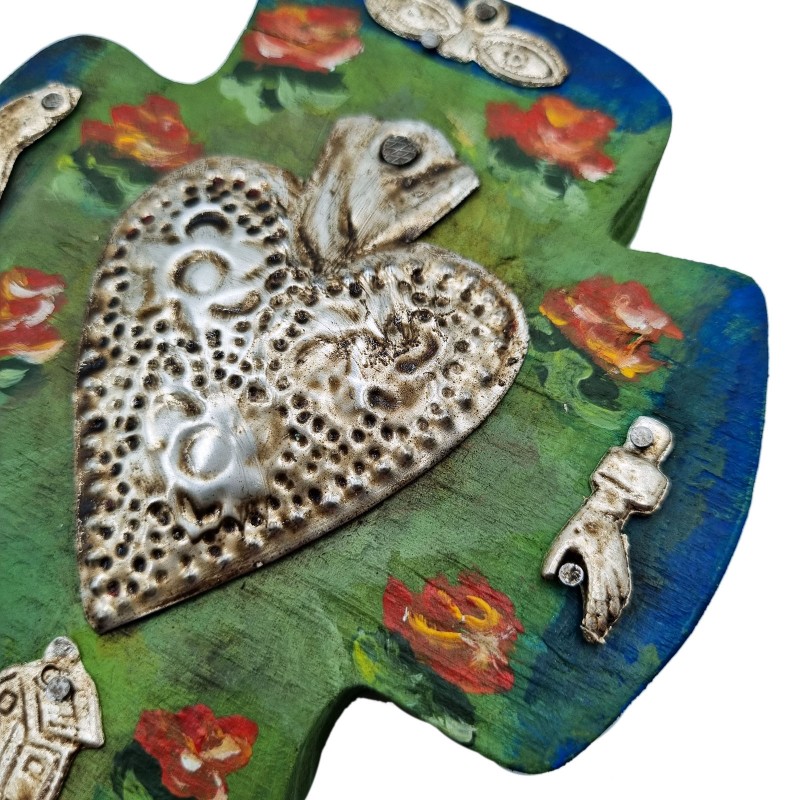 Sacred heart Milagro cross - Mexican religious decor - Casa Frida